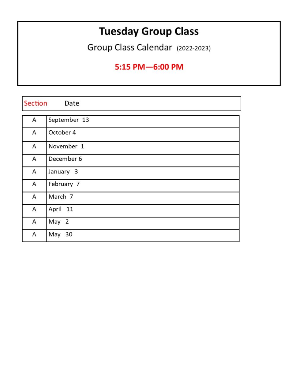 Tuesday Group Class Calendar - The Piano Studio, Hillsborough NJ